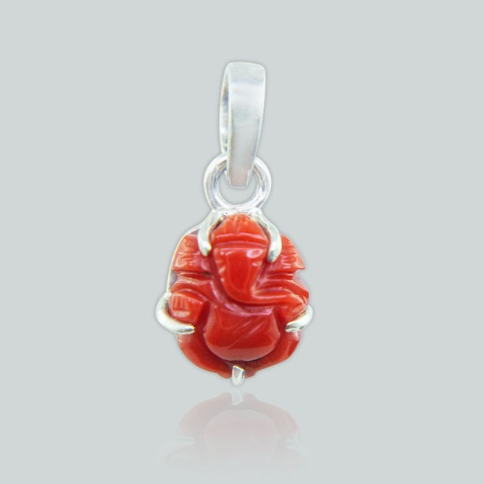 Red Coral (Moonga) Ganesha Silver Pendant